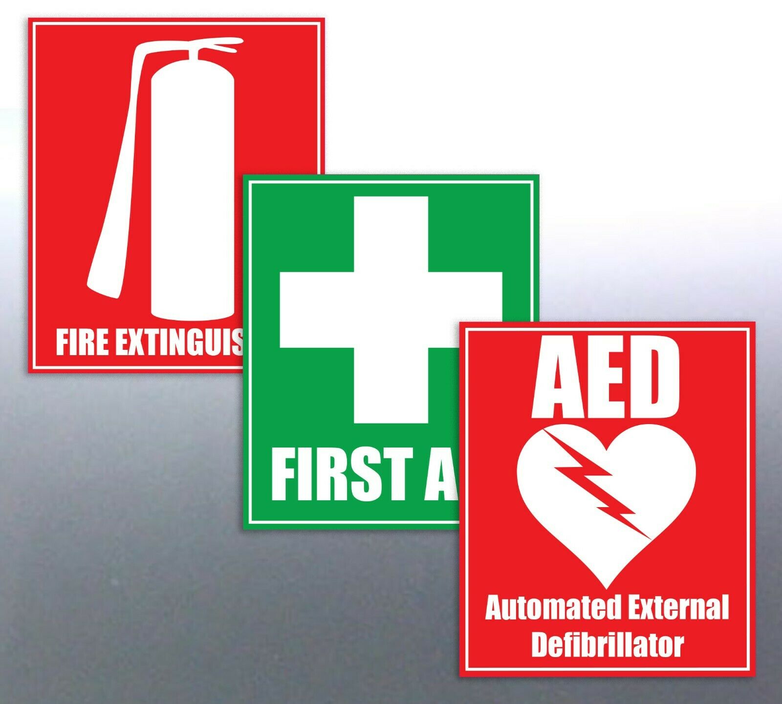 First Aid, Fire Extinguisher & AED Sticker – 155 x 180mm | Workplace ...