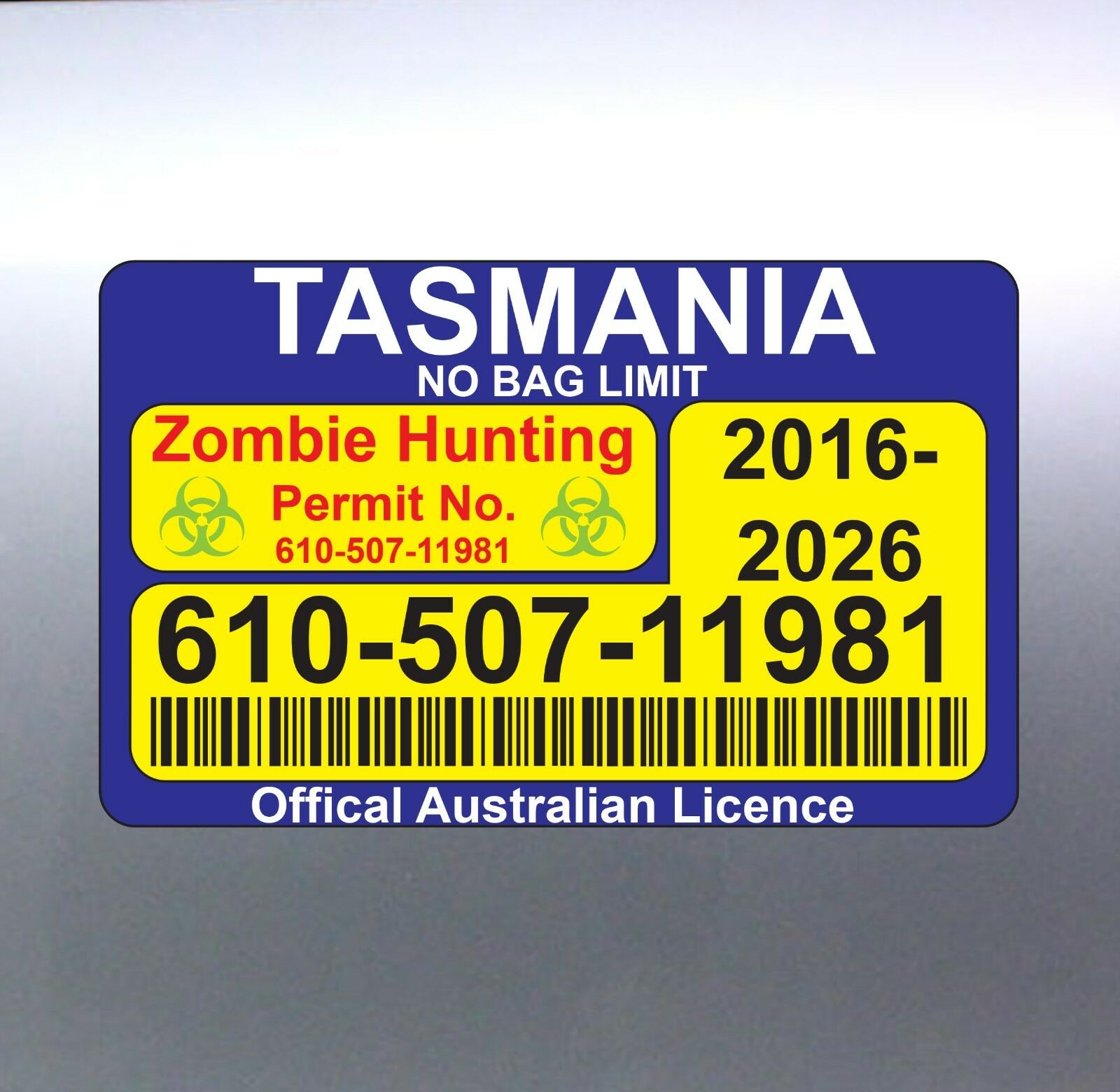 Zombie Hunting Permit 80 x 130 mm TASMANIA Fake li – Stick-Dat
